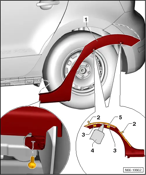 Installing Rear Wheel Arch Trim | Volkswagen Polo Mk5 Workshop Manual